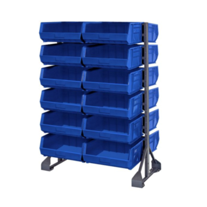 Double Sided Rack with 12 Rails & 24 Blue Bins 14-3/4" L x 16-1/2" W x ...