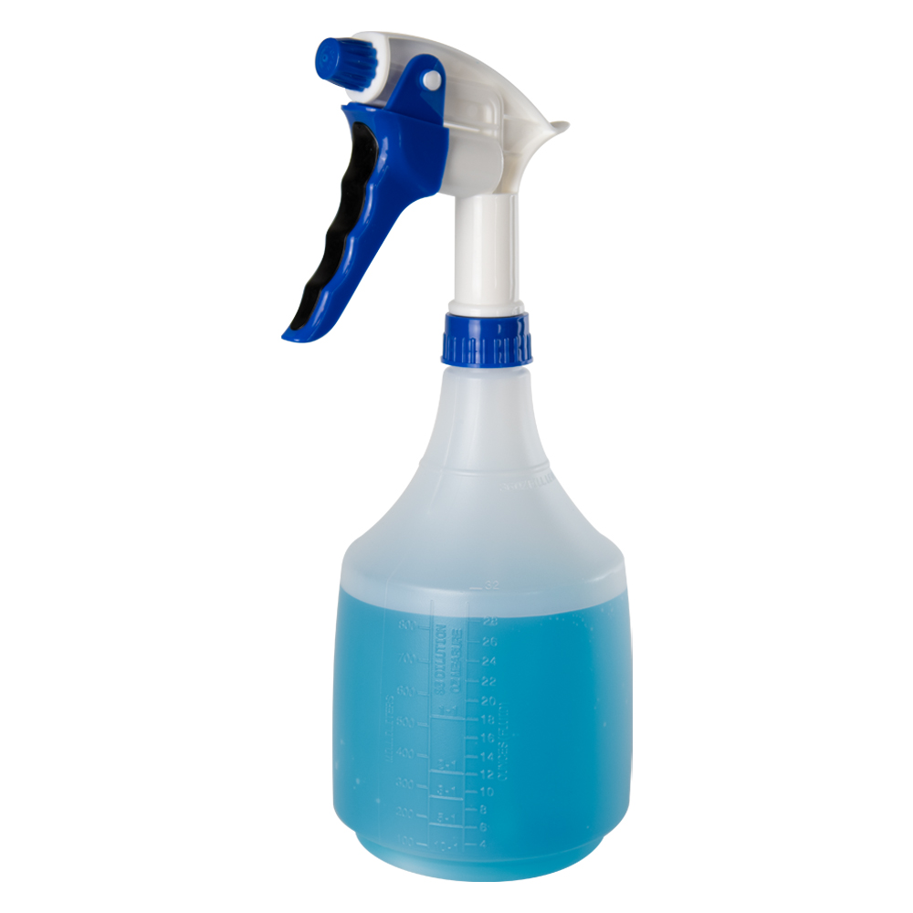 36 oz. Natural HDPE Spray Bottle with Blue & White Polypropylene ...