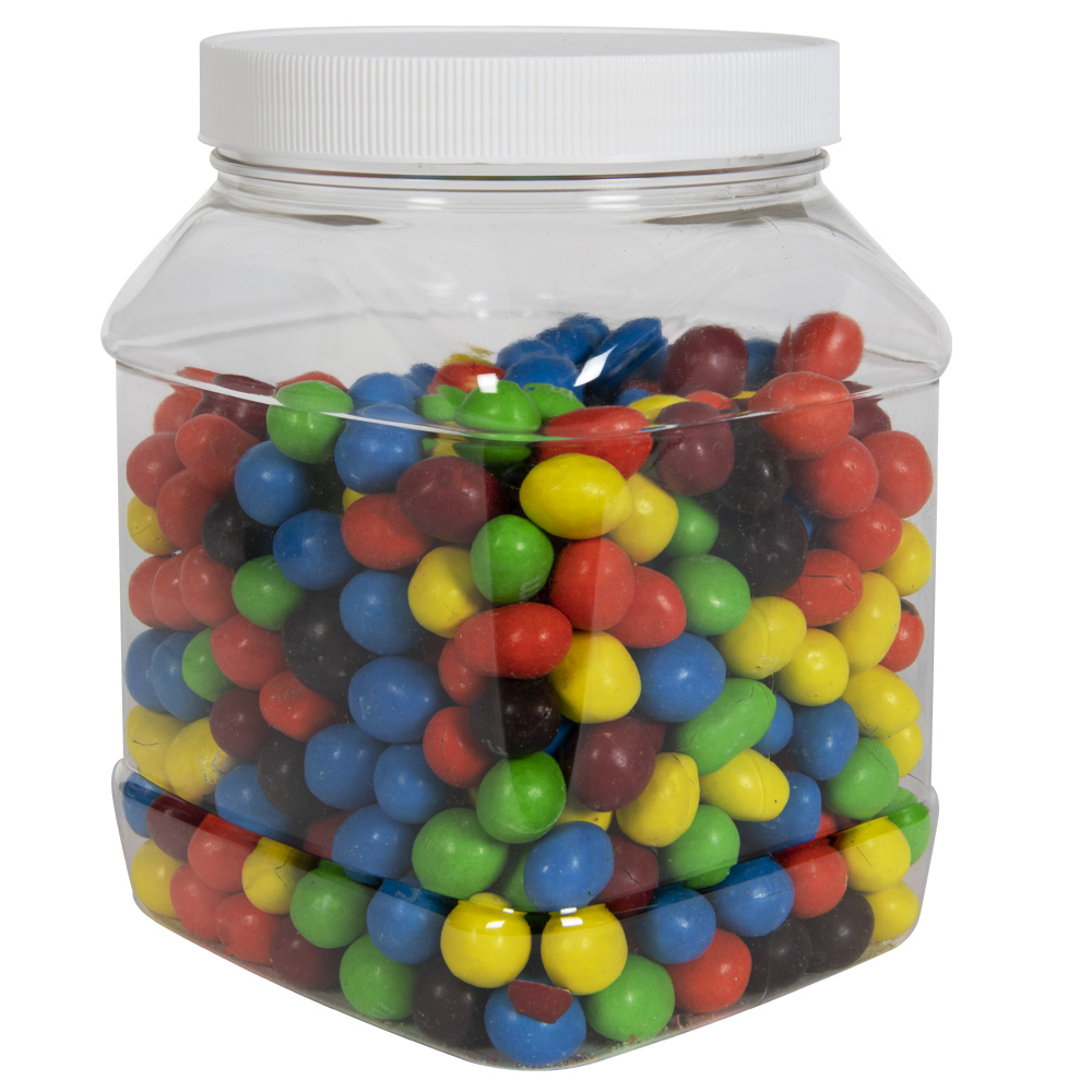 67 oz. Clear PET Square Jar with 110mm White Ribbed Cap with F217 Liner ...