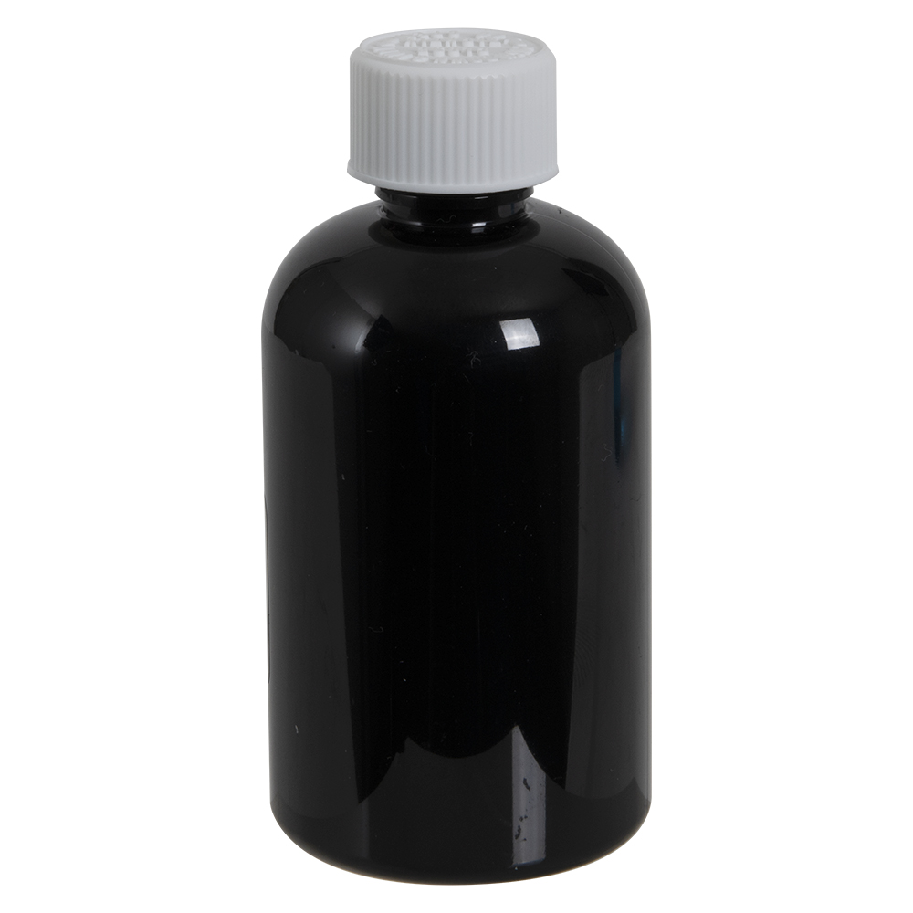 4 oz. Black PET Squat Boston Round Bottle with 20/400 White Ribbed CRC ...