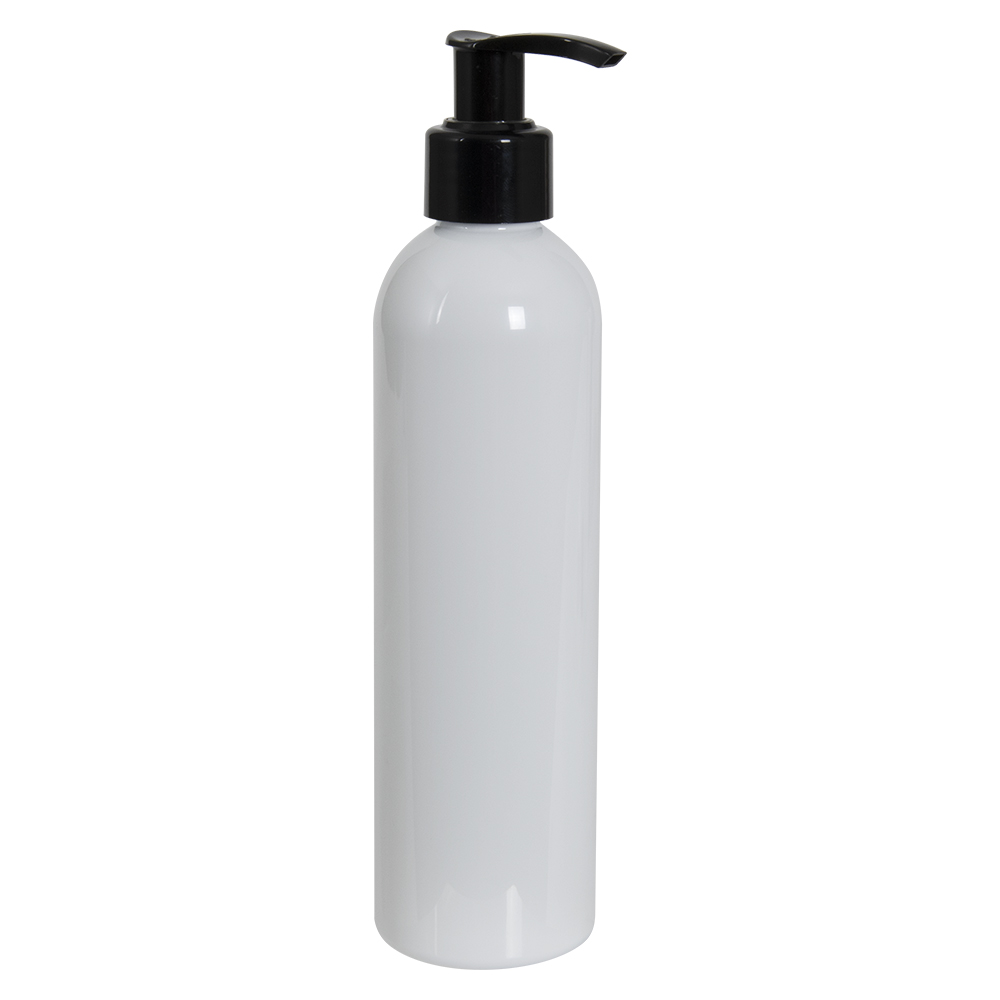 8 oz. White PET Cosmo Round Bottle with 24/410 Black Lock-Up Lotion ...