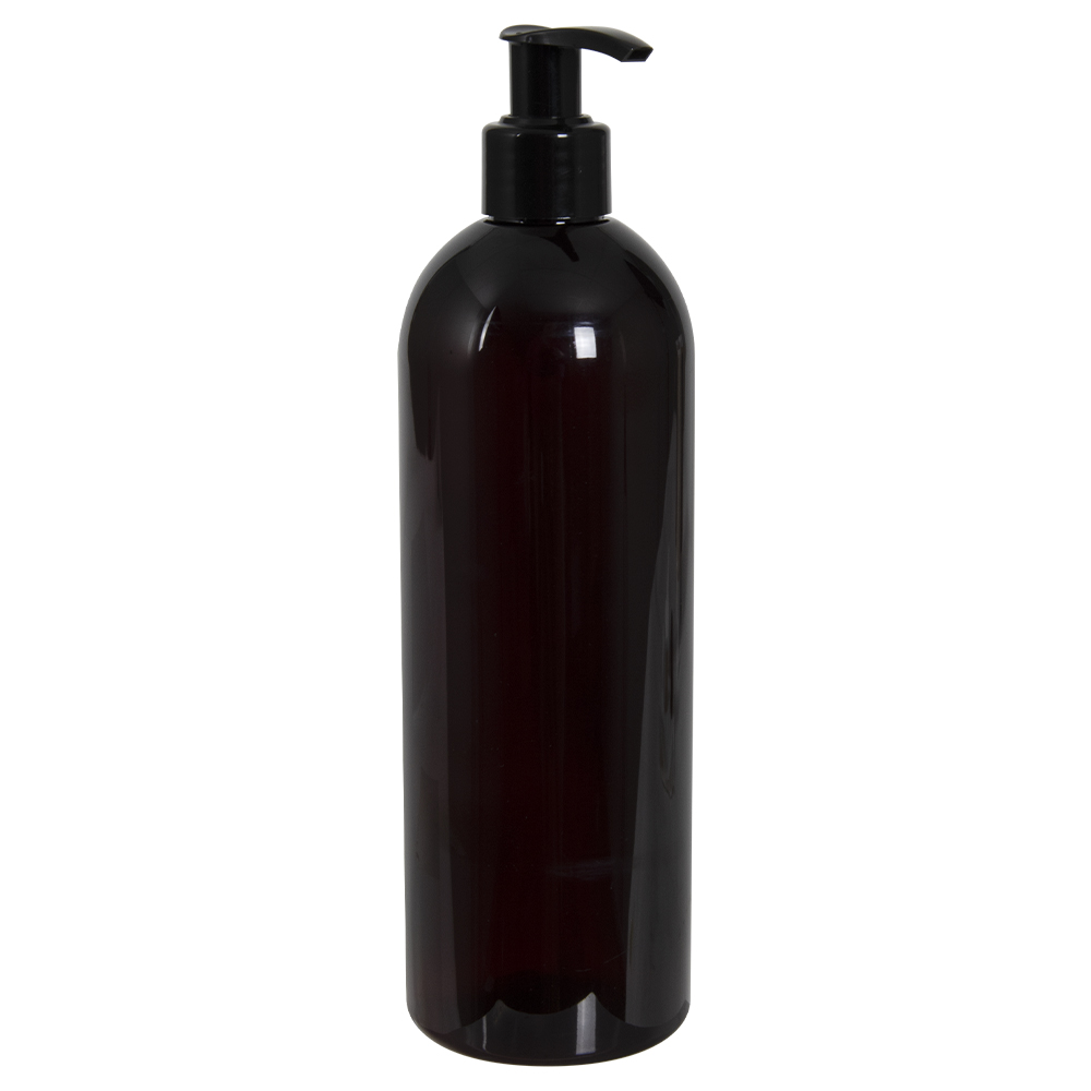 16 oz. Amber PET Cosmo Round Bottle with 24/410 Black Lock-Up Lotion ...