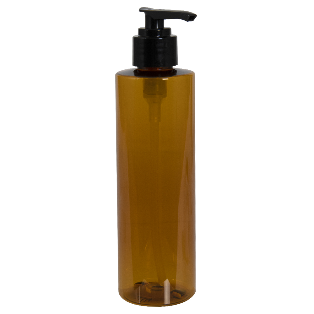 8 oz. Amber PET Cylindrical Bottle with 24/410 Black Smooth Lock-Down ...