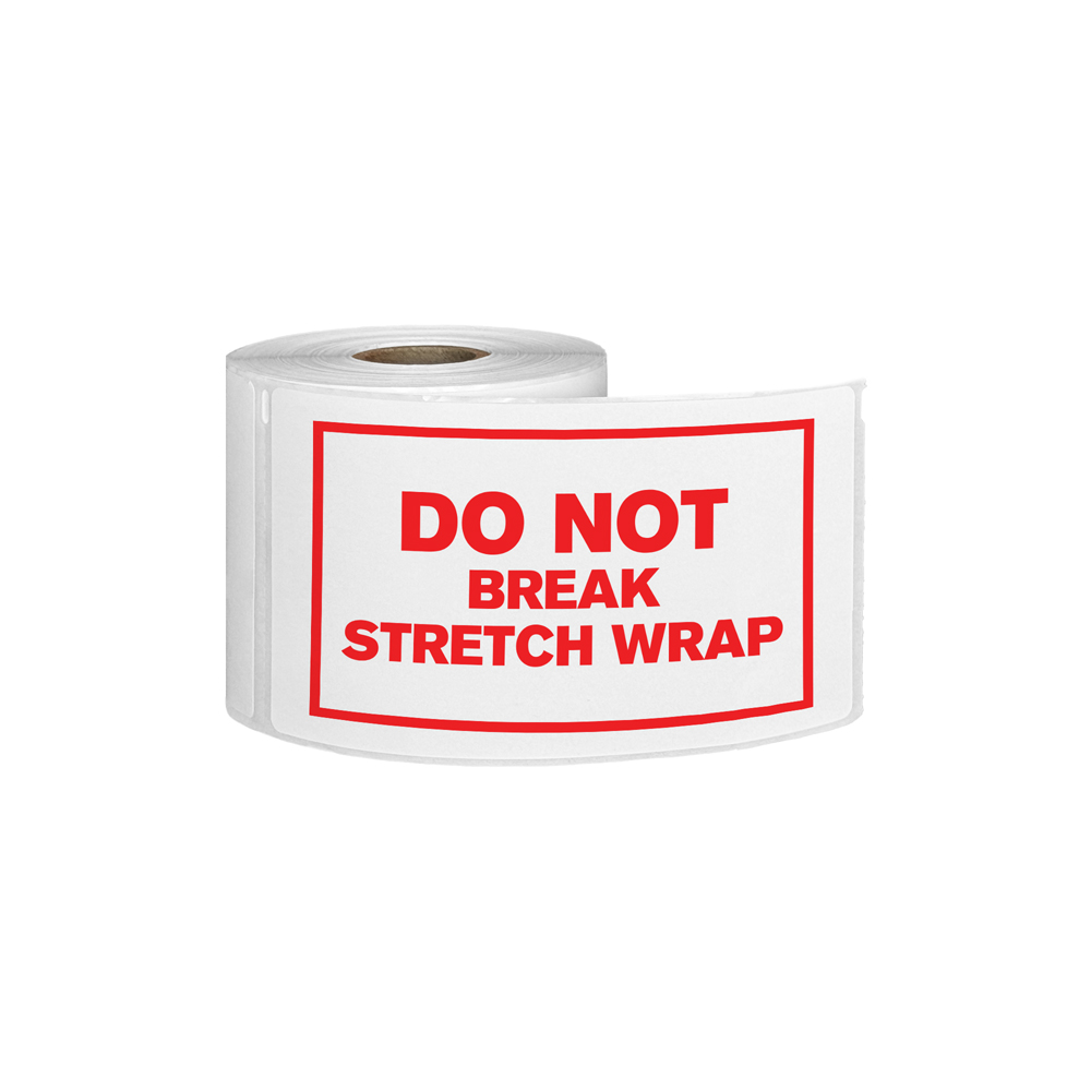 "Do Not Break Stretch Wrap" Horizontal Rectangular Paper Label with Red ...