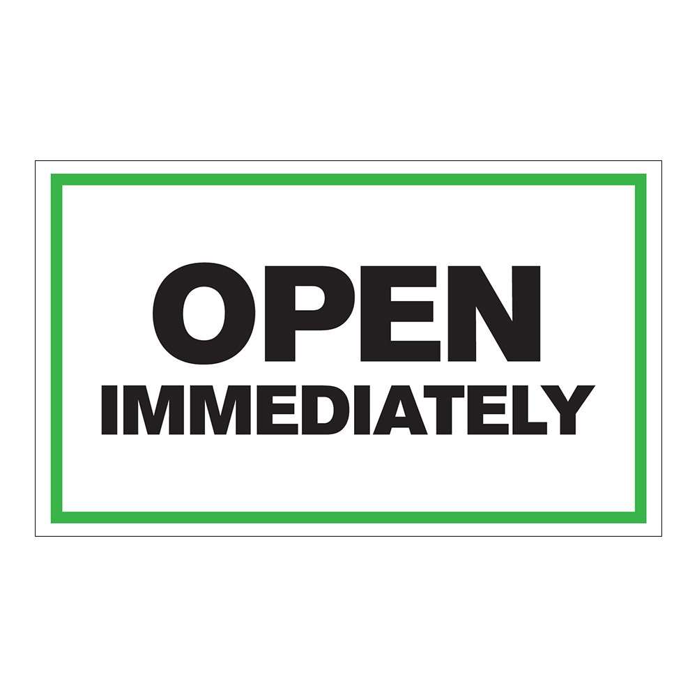 "Open Immediately" Horizontal Rectangular Paper Label with Green Border ...