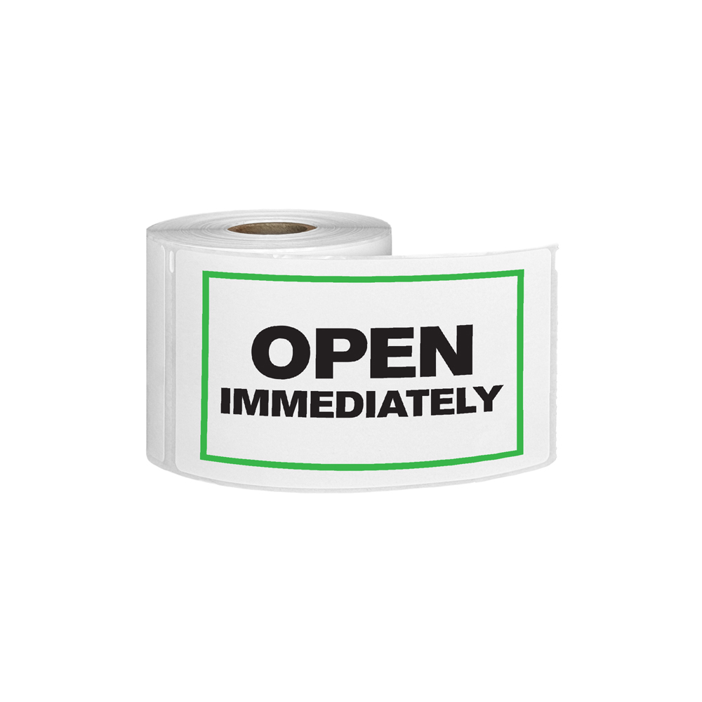 "Open Immediately" Horizontal Rectangular Paper Label with Green Border ...