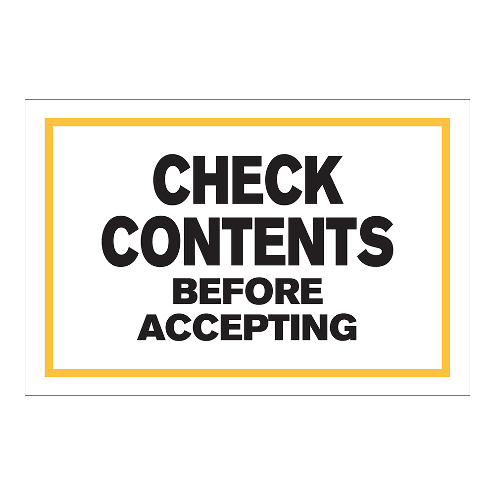 "Check Contents Before Accepting" Horizontal Rectangular Paper Label ...