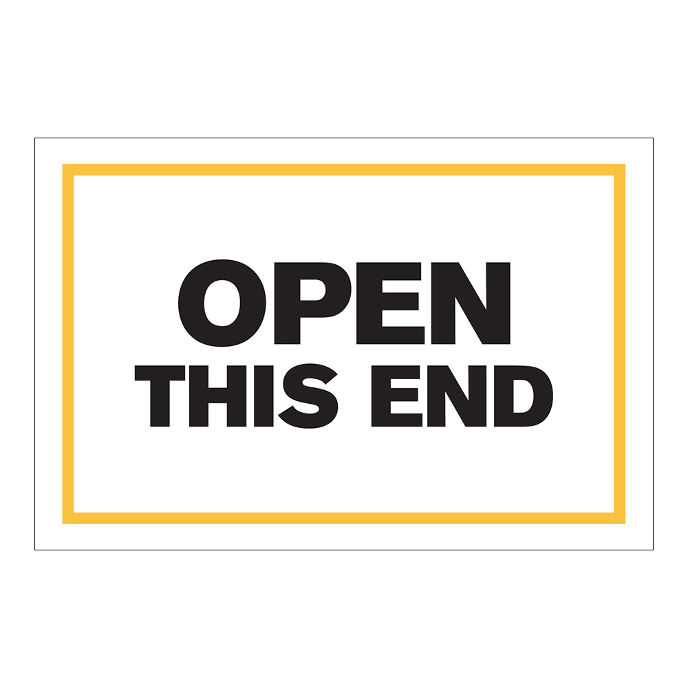 "Open This End" Horizontal Rectangular Paper Label with Yellow Border ...