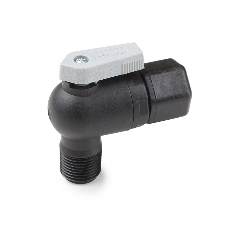 3/8" Tube OD x 1/4" Male NPTF Black Polypropylene Male Elbow Ball Valve ...