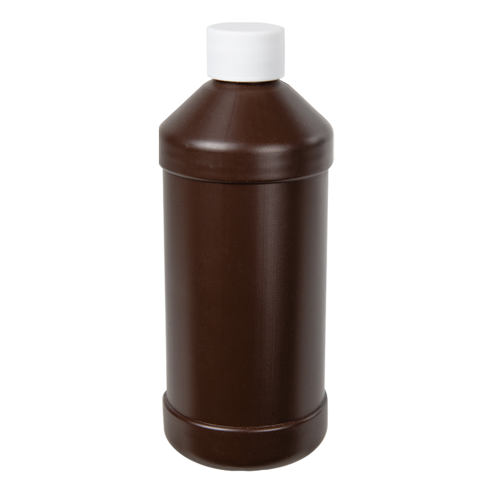 16 oz. Brown HDPE Modern Round Bottle with 28/410 White Ribbed Cap with ...