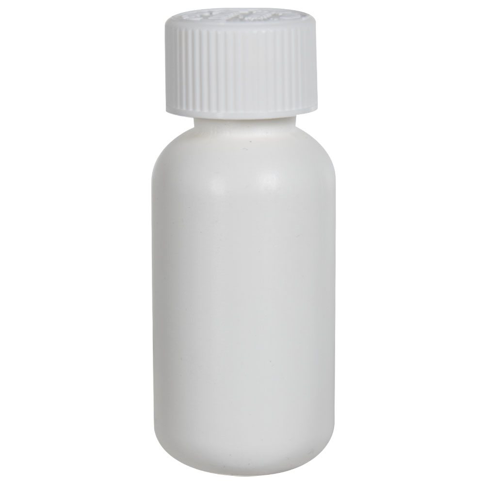 1 oz. White HDPE Boston Round Bottle with 20/410 White Ribbed CRC Cap ...