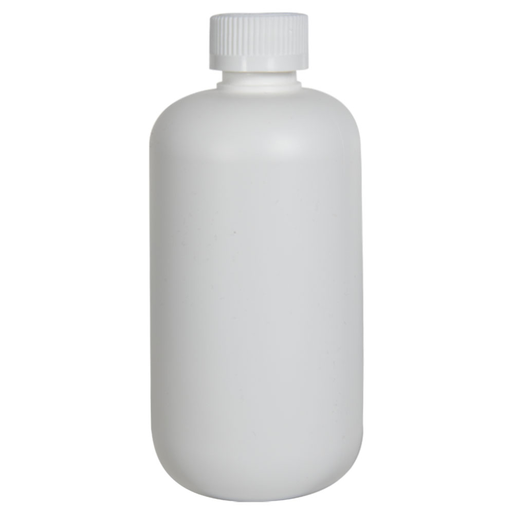 12 oz. White HDPE Boston Round Bottle with 24/410 White Ribbed CRC Cap ...