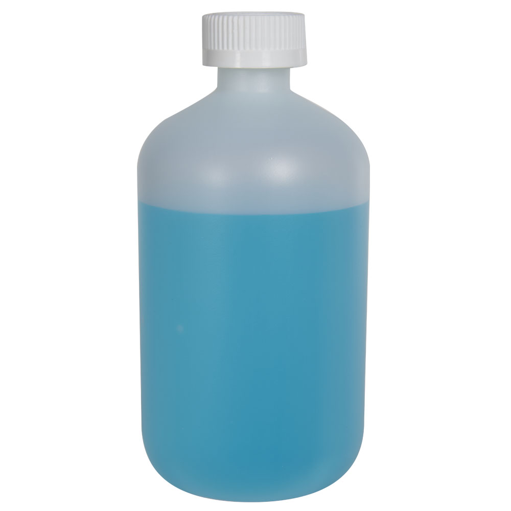 16 oz. Natural HDPE Boston Round Bottle with 28/410 White Ribbed CRC ...