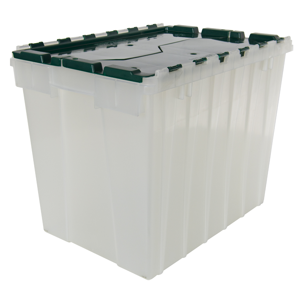 Clear Akro Mils® Attached Lid Container With Green Lid 21 1 2 L X 15