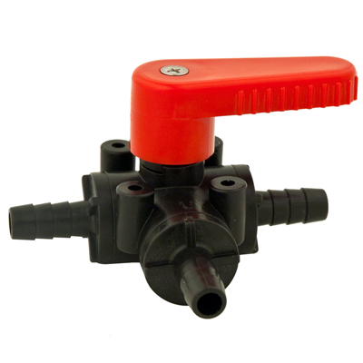 3/8" Hose Barb Polypropylene 3-Way Ball Valve with EPDM seals & Red Handle | U.S. Plastic Corp.
